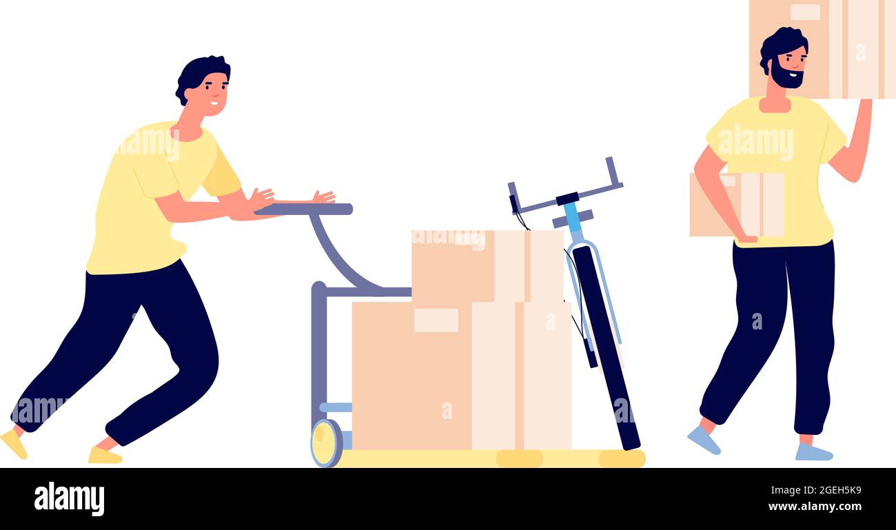 Loaders service. Men hold boxes, smart cargo transportation. Flat ...