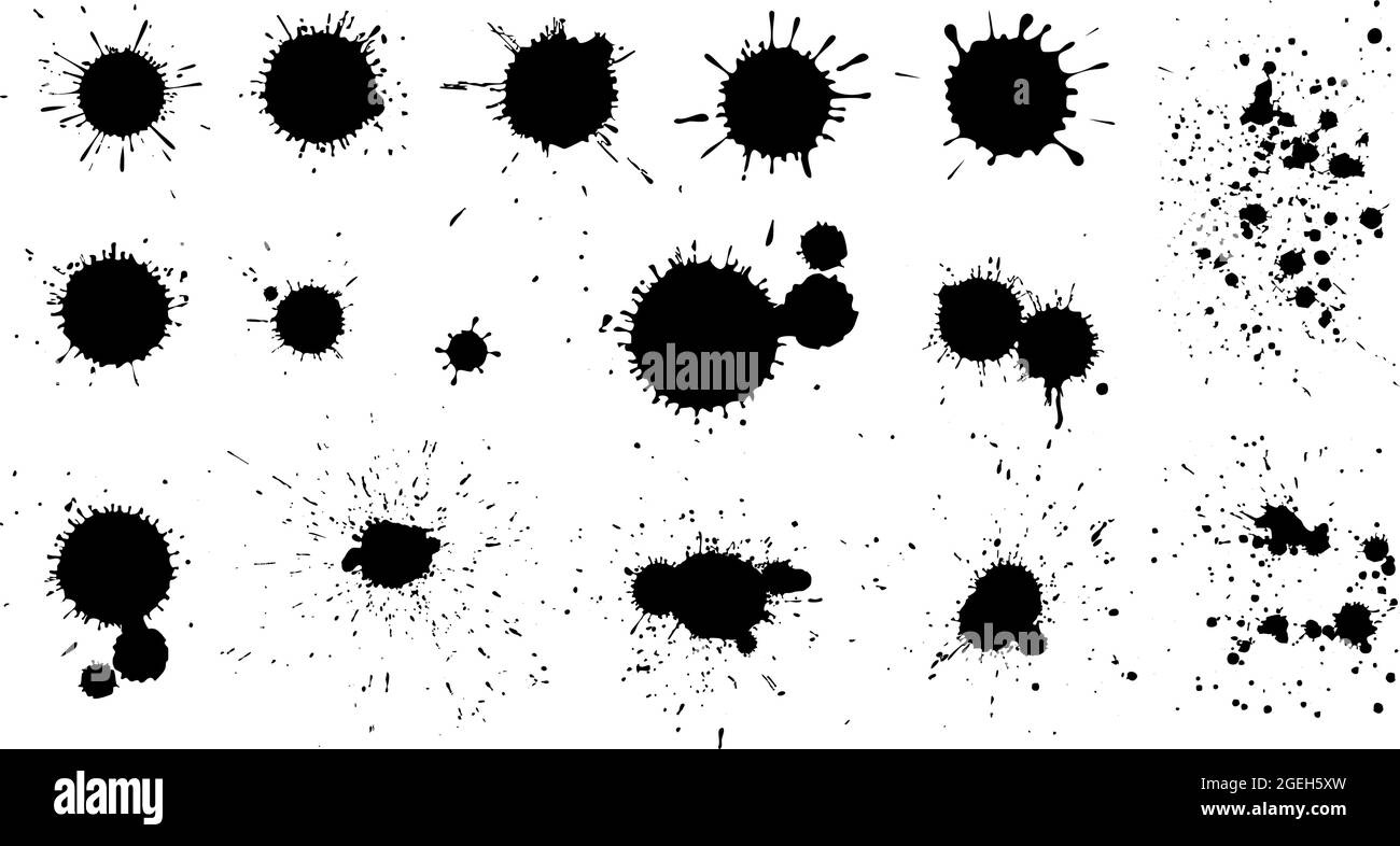 Ink paint blots. Isolated black drop splash, dirty brush painting spots ...