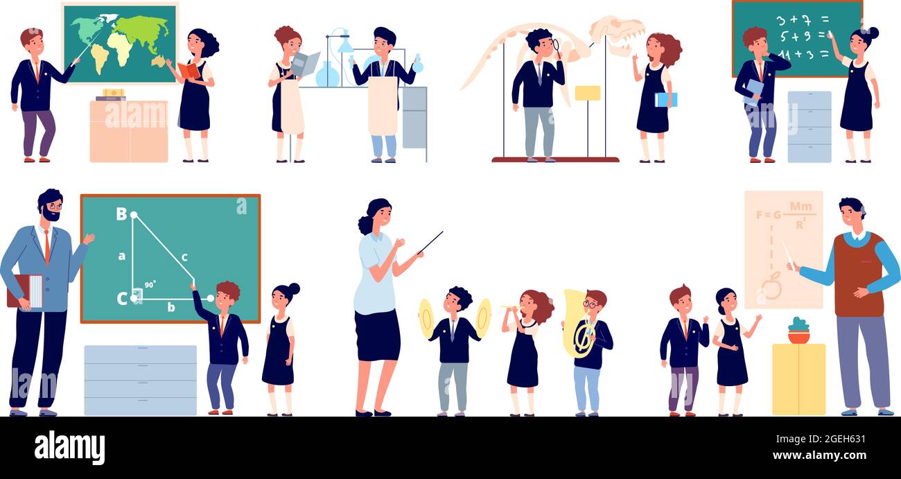 Lesson with teacher. Children classroom, happy school teaching. Cute ...