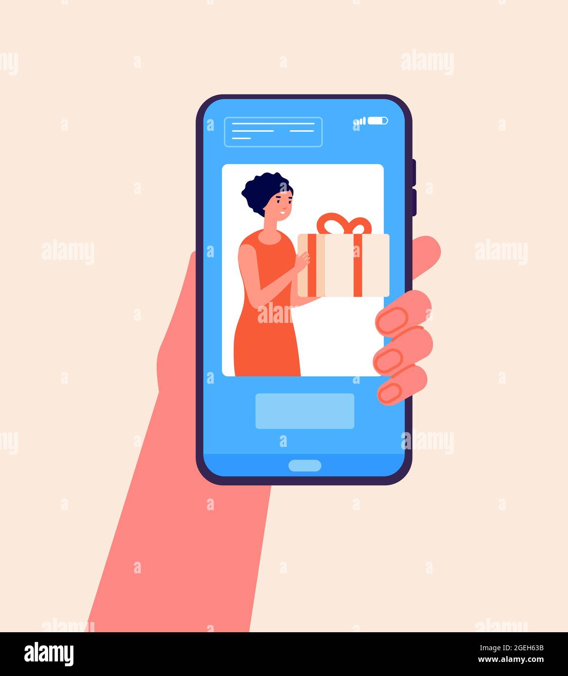 Mobile gift service. Buy present by phone, digital online store. Woman ...