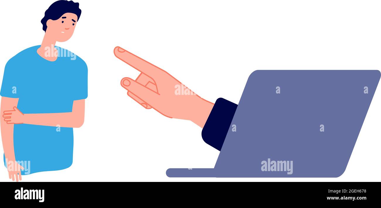 Cyberbullying. Sad man and hand from laptop. Internet harassment ...