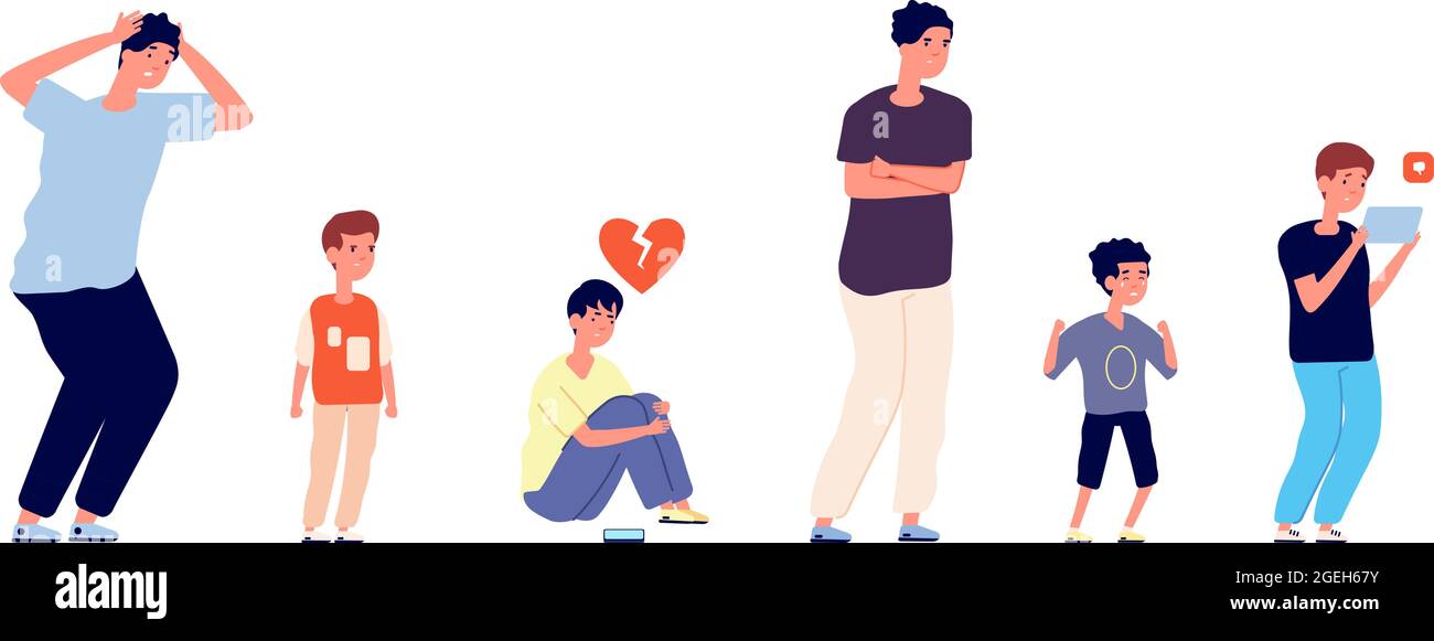 Emotional male characters. Different ages men, isolated sad boy teens ...