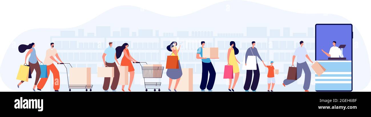 Customers people queue. Client characters, online shop seller or ...