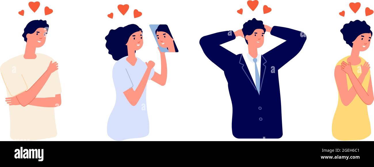 Self love. Be yourself, woman man hug and loving himself. Myself care ...