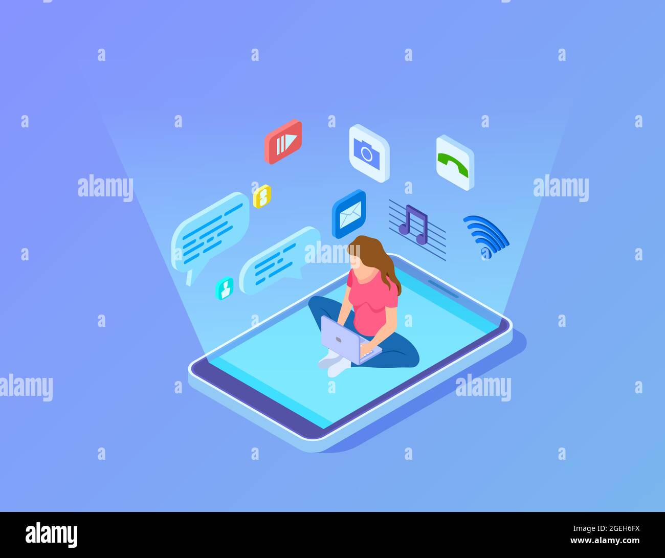 Modern entertainment. Innovative digital center, girl use smartphone ...