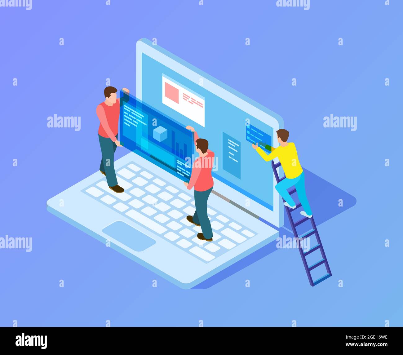 Web interface upgrade. Web developers, programmers at work. Isometric people working with laptop ...