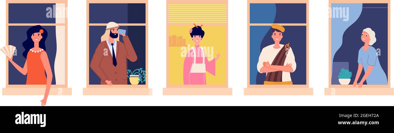 International friendly neighbors. Multicultural apartment house, people ...