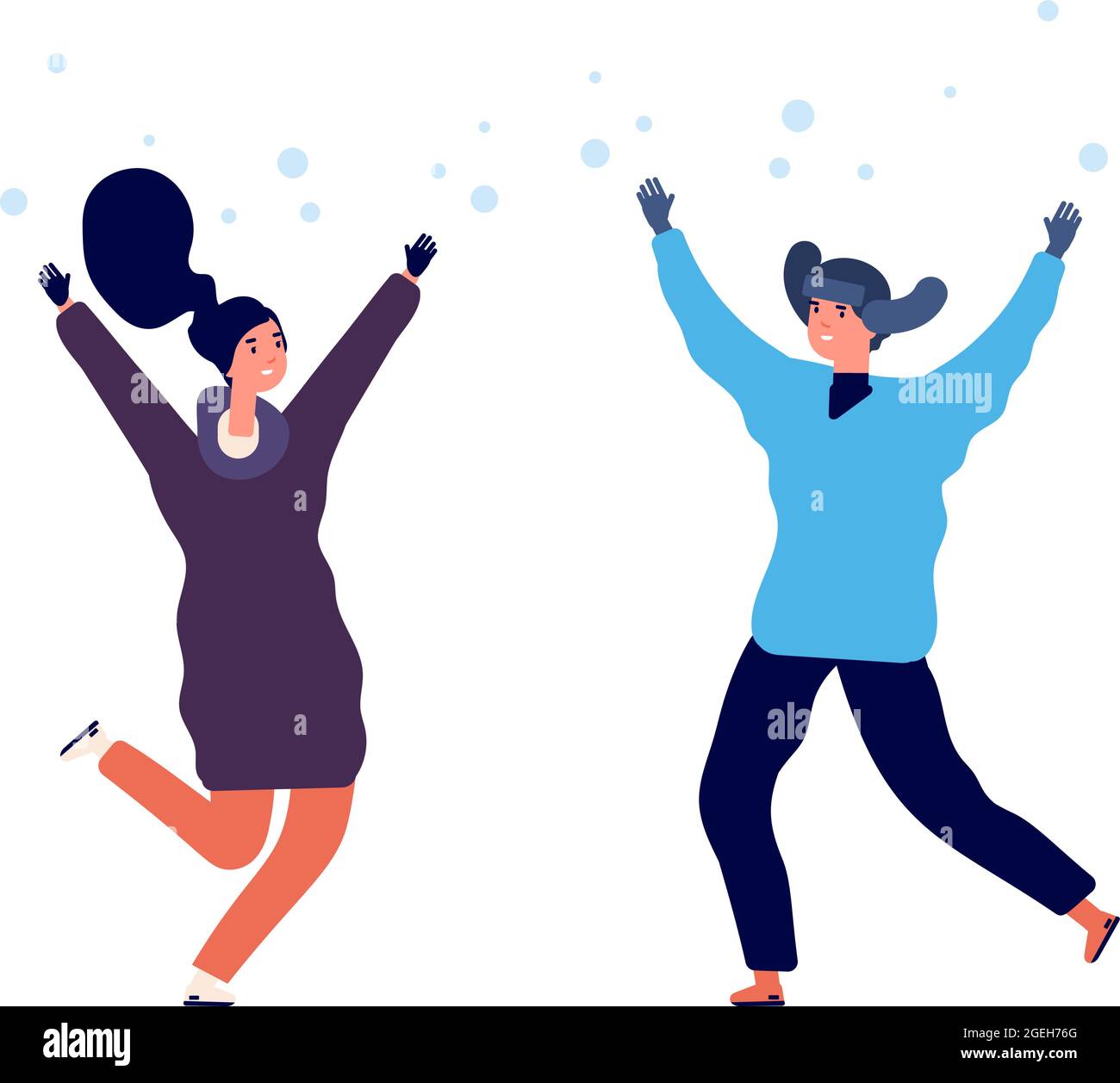 People enjoy snow. Man woman jumping snowfall, flat happy winter ...