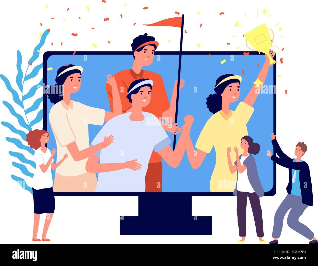 Cyber sport competition winners. Happy team with golden cup on computer ...