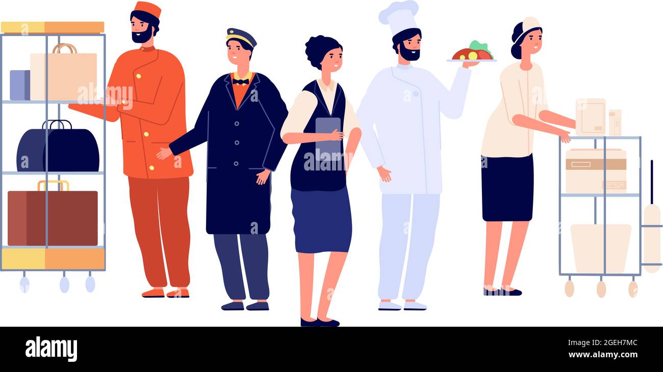 Hospitality workers. Hotel staff characters, receptionist porter maid ...