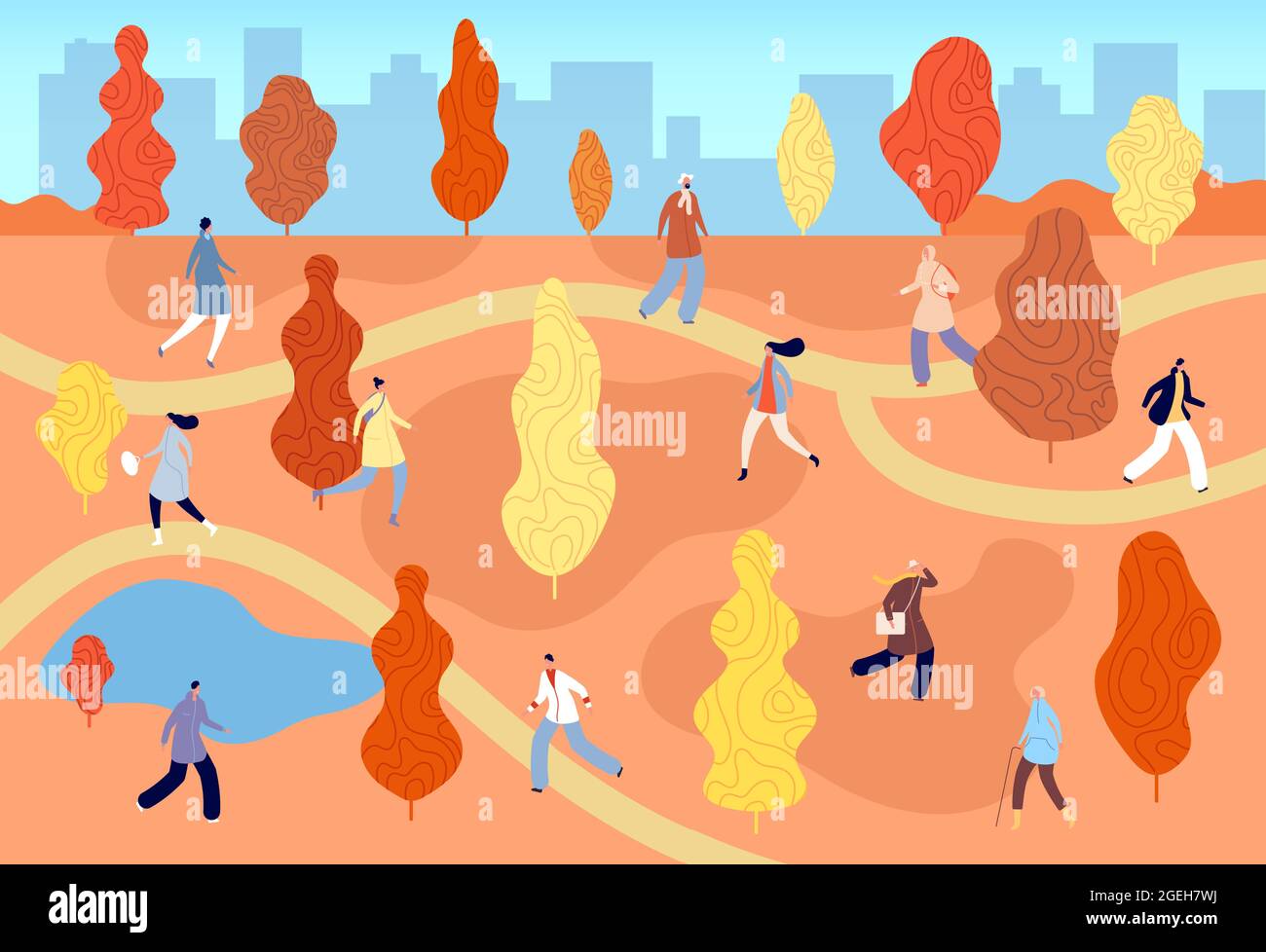 Autumn walking city park. Enjoy nature, flat style girl man walk in ...