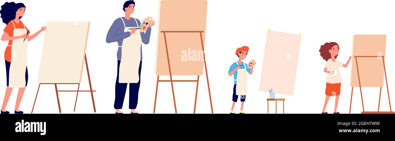 Painters. Family painting, children and adults drawing on easel and ...