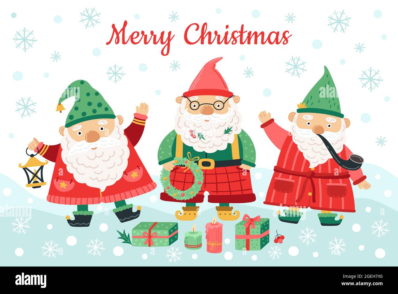 Gnomes christmas characters. Funny dwarfs, smiling men on snow ...