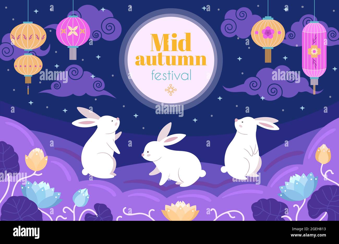 Chinese mid autumn festival. Festive full moon, happy cartoon rabbit with flowers. Cute bunnies ...