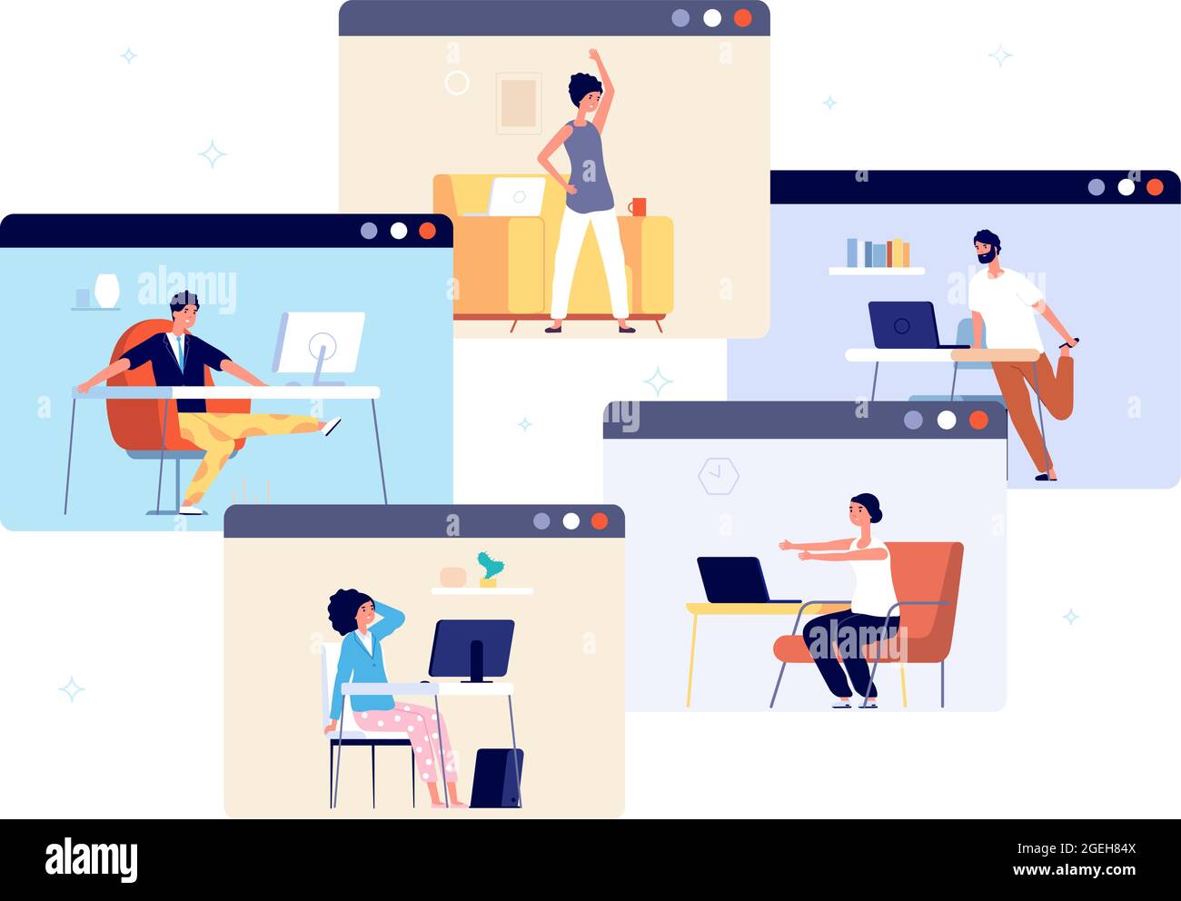 Home office exercise. Work break relax, business people working online ...