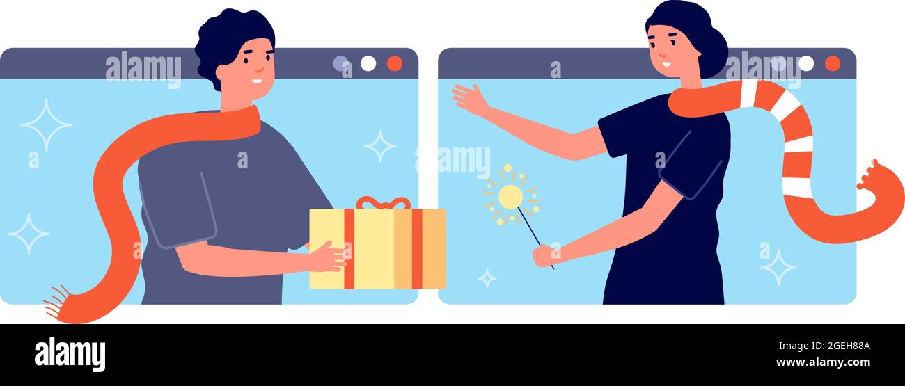 Online gift. Man give present woman, surprise service. Web holiday ...