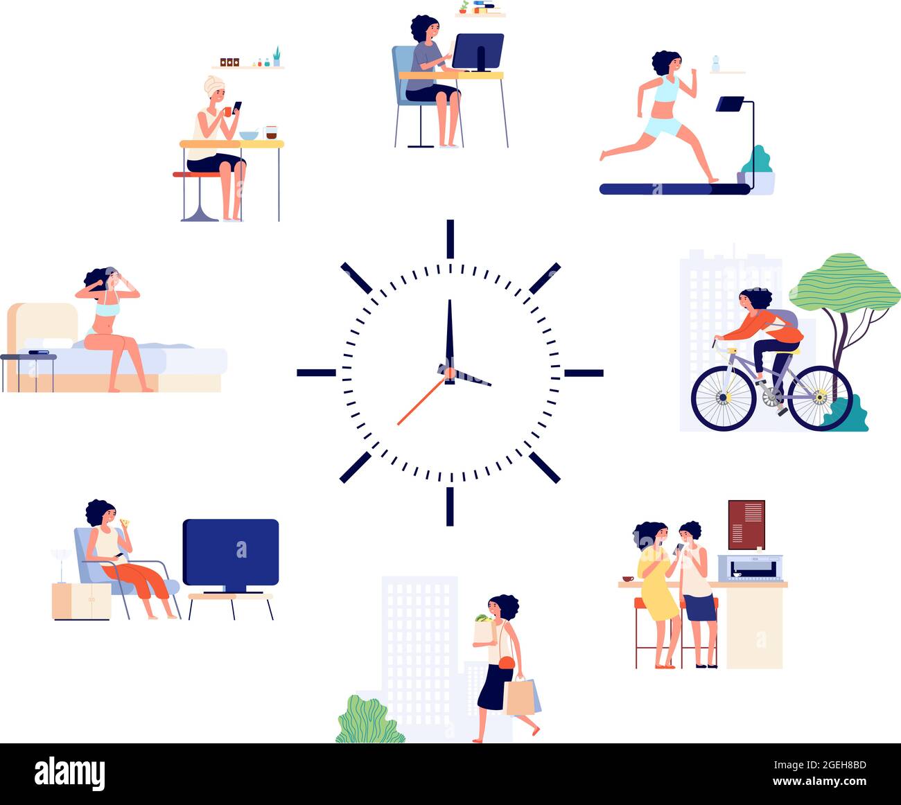 Woman daily schedule. Female activities every day, different life ...