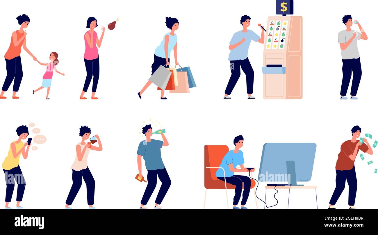 Bad habits. Digital addiction, people overeating, shopaholism and drugs ...