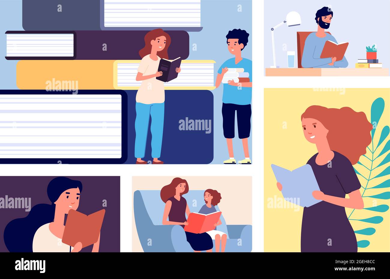 Reading people. Book day, education or library illustration. Mother and ...