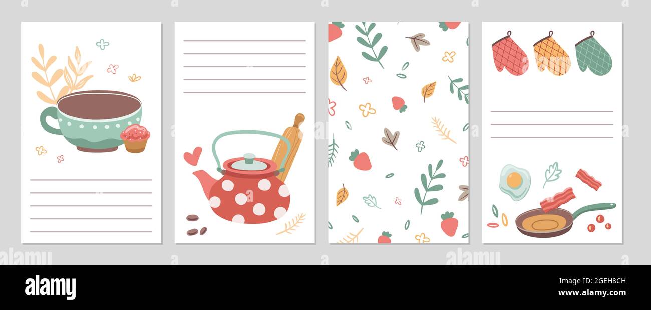 Culinary cards. Kitchen recipe notebook pages, notes paper template ...