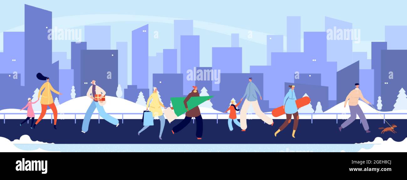 Crowd people wear winter cloth. Winter city street, man woman shopping ...