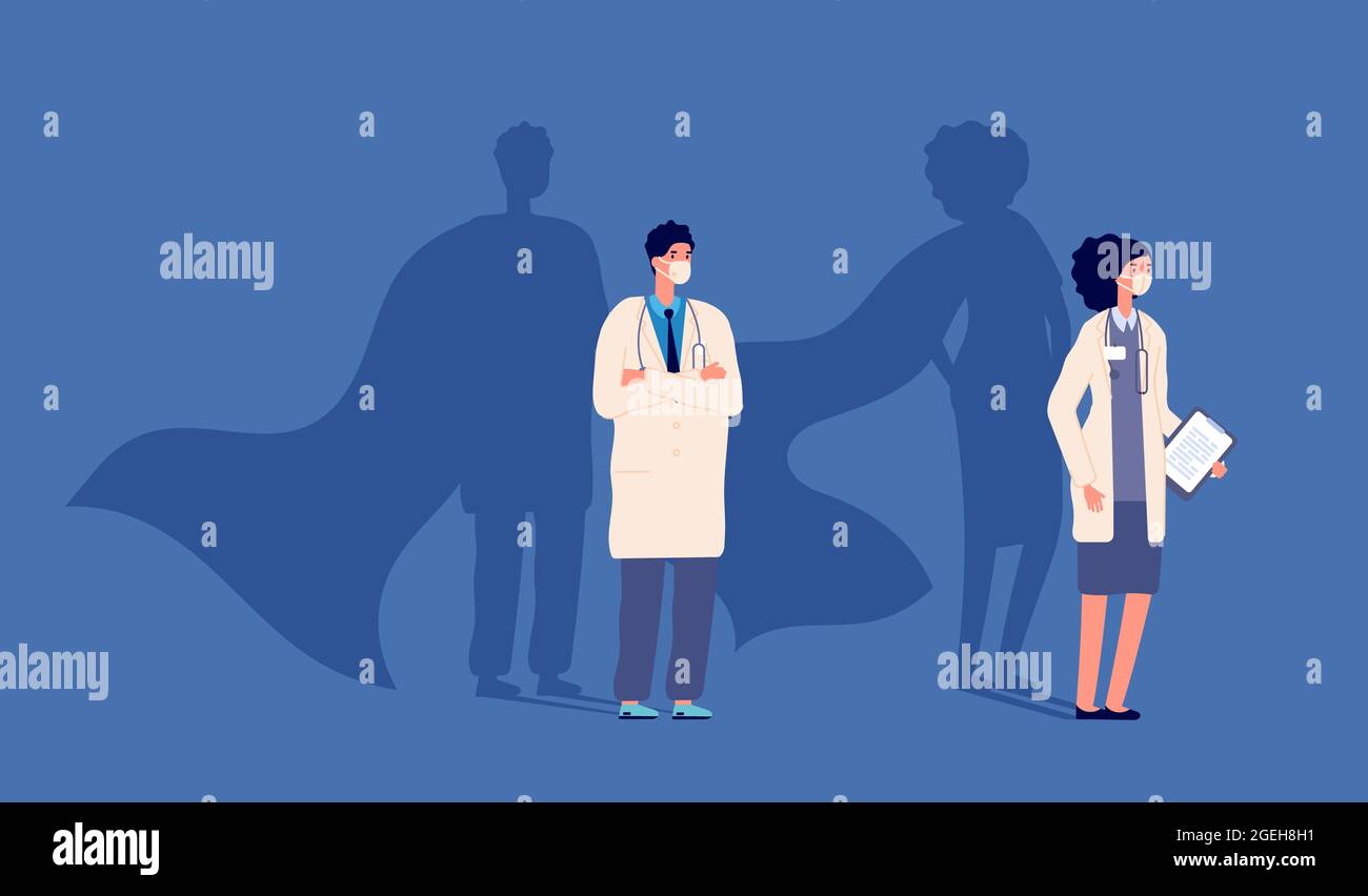 Doctor superhero. Medical strength heroes, people wear protective mask ...