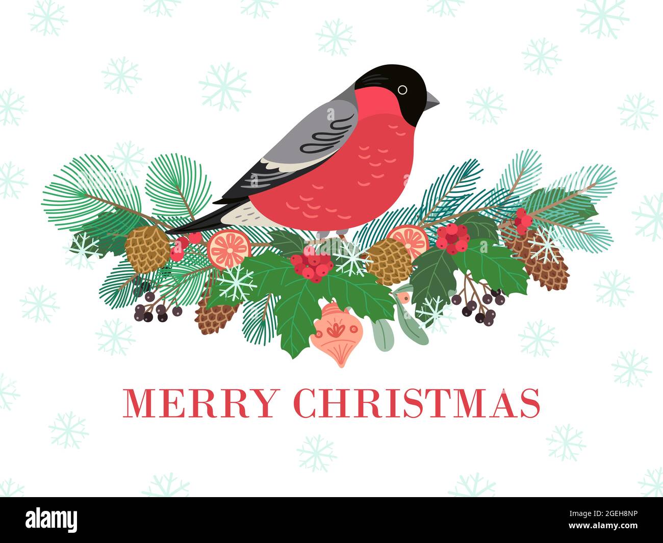 Bird winter banner. Christmas forest, bullfinch on natural branch ...