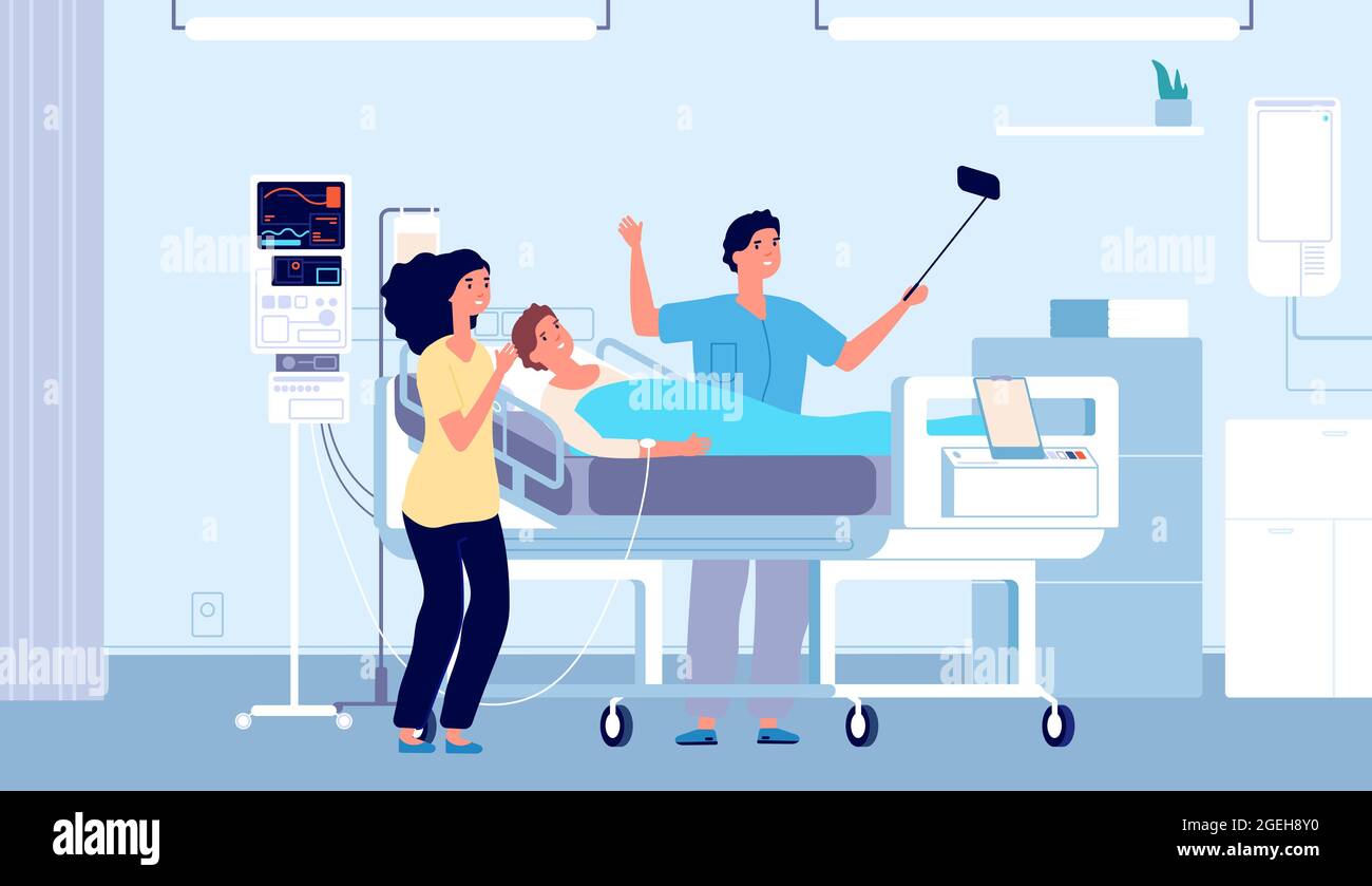 Friends in hospital. Patients, happy people doing selfie with their ...