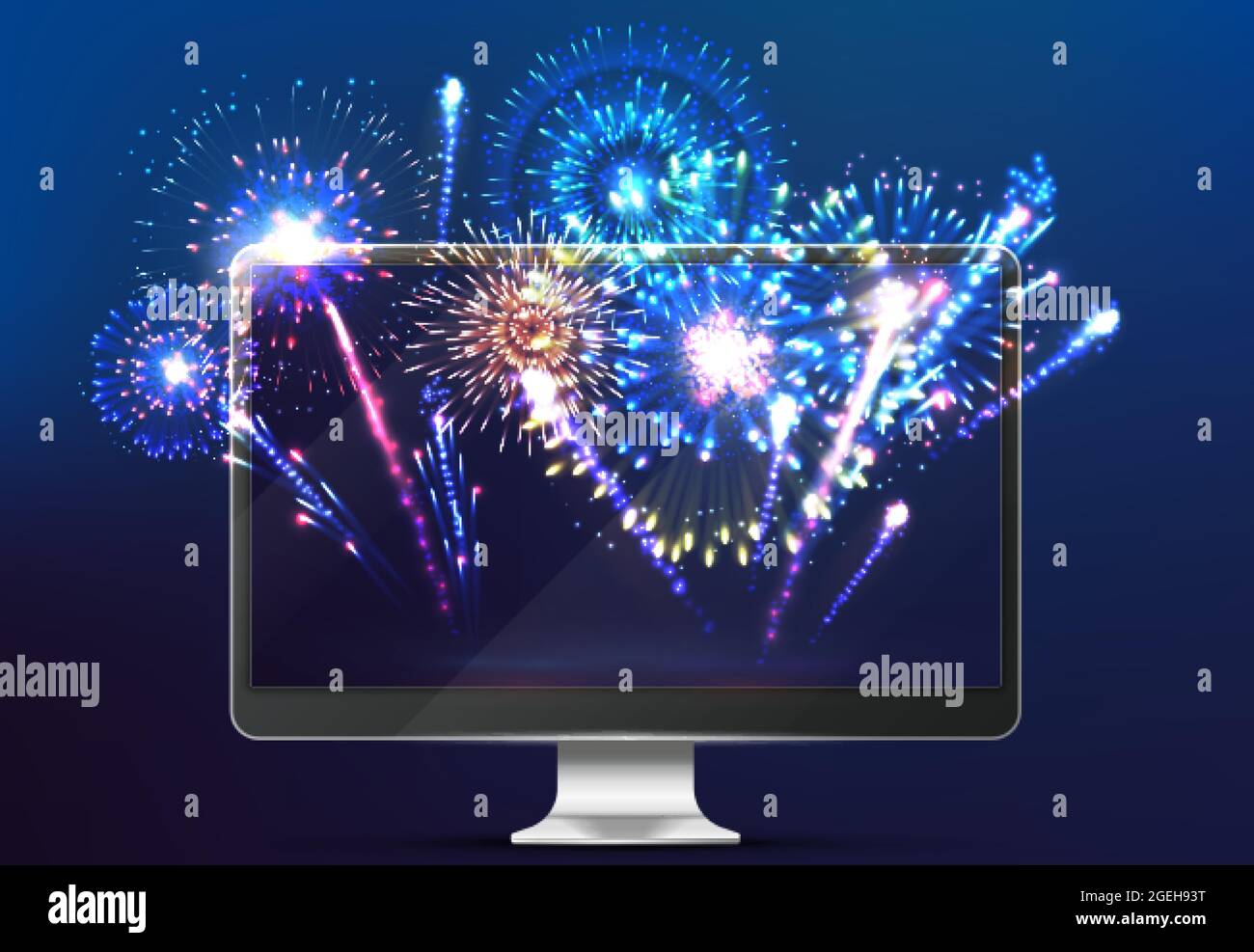 Firework online. Light on screen, realistic monitor with festive new ...