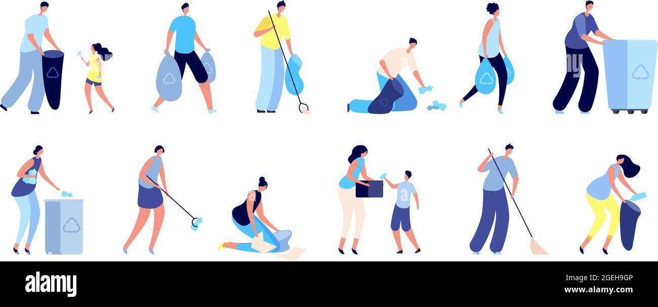 People collect garbage. Trash recycling, family with bin waste ...