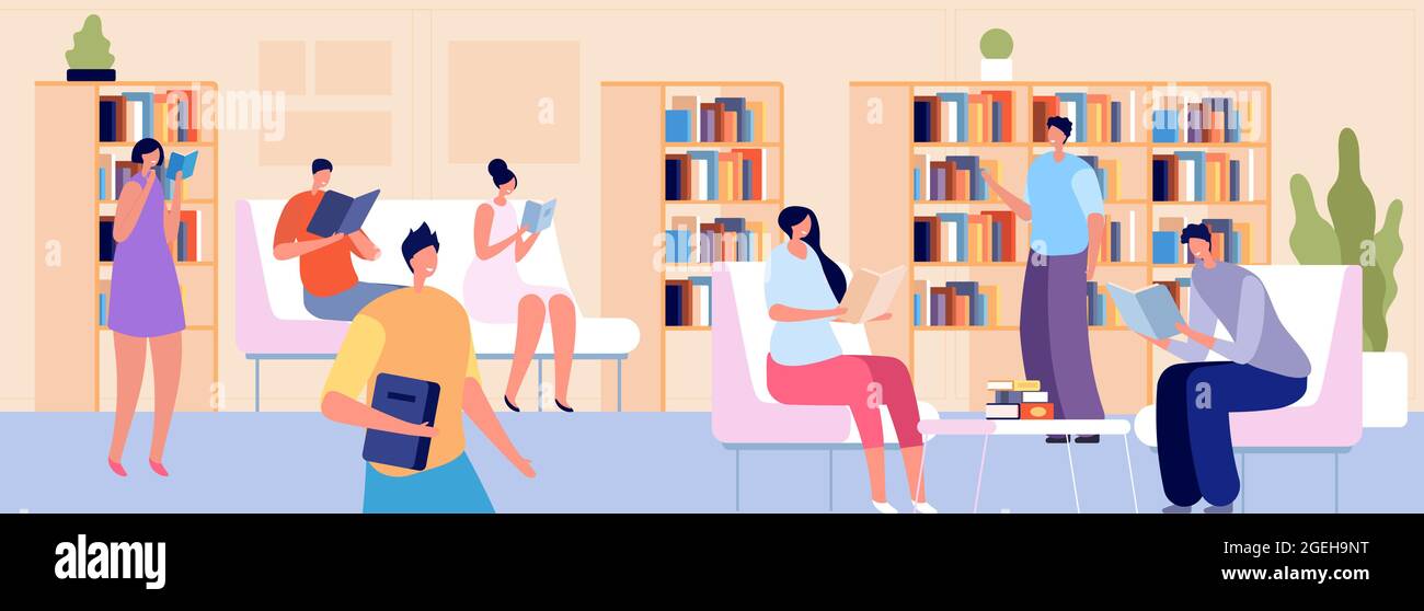 People in library. Person read, young adult with books in bookstore ...