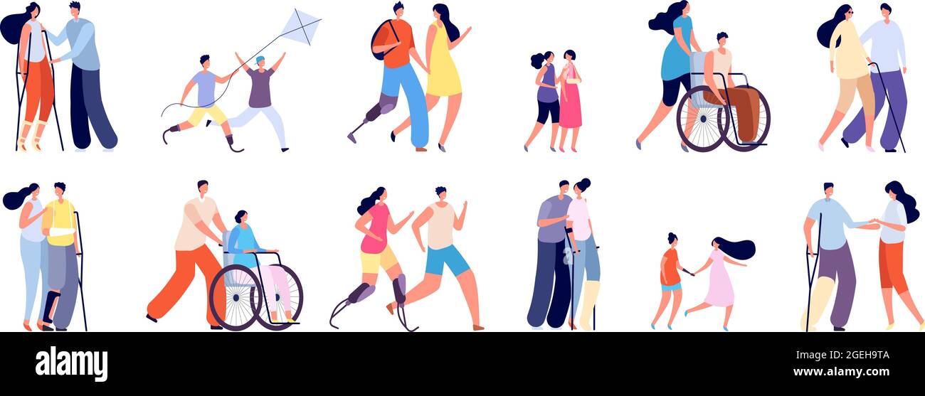 Disabilities and friends. Disablement person lifestyle, handicap man in ...