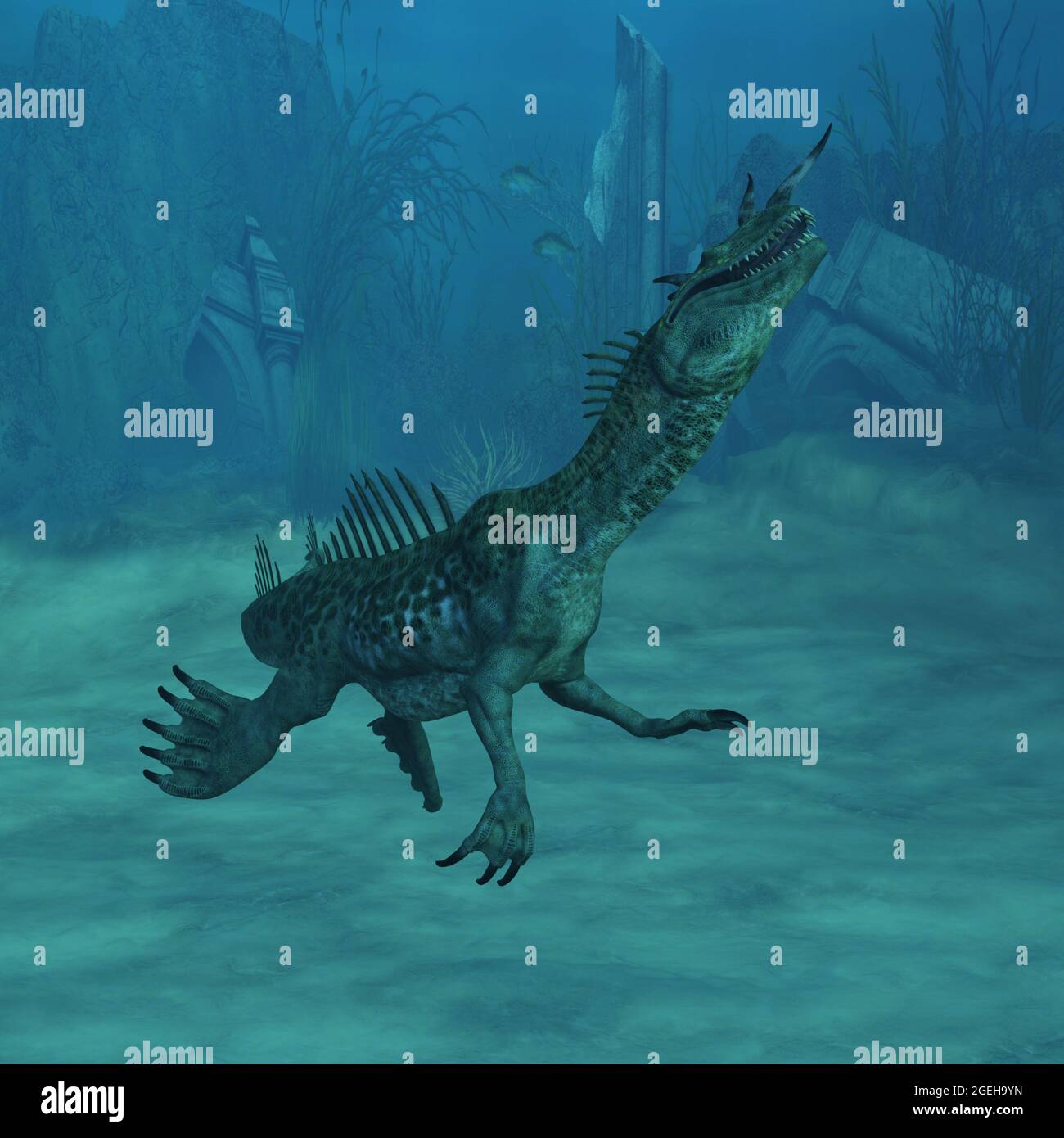 3d-illustration of an giant fantasy sea dinosaur underwater Stock Photo ...