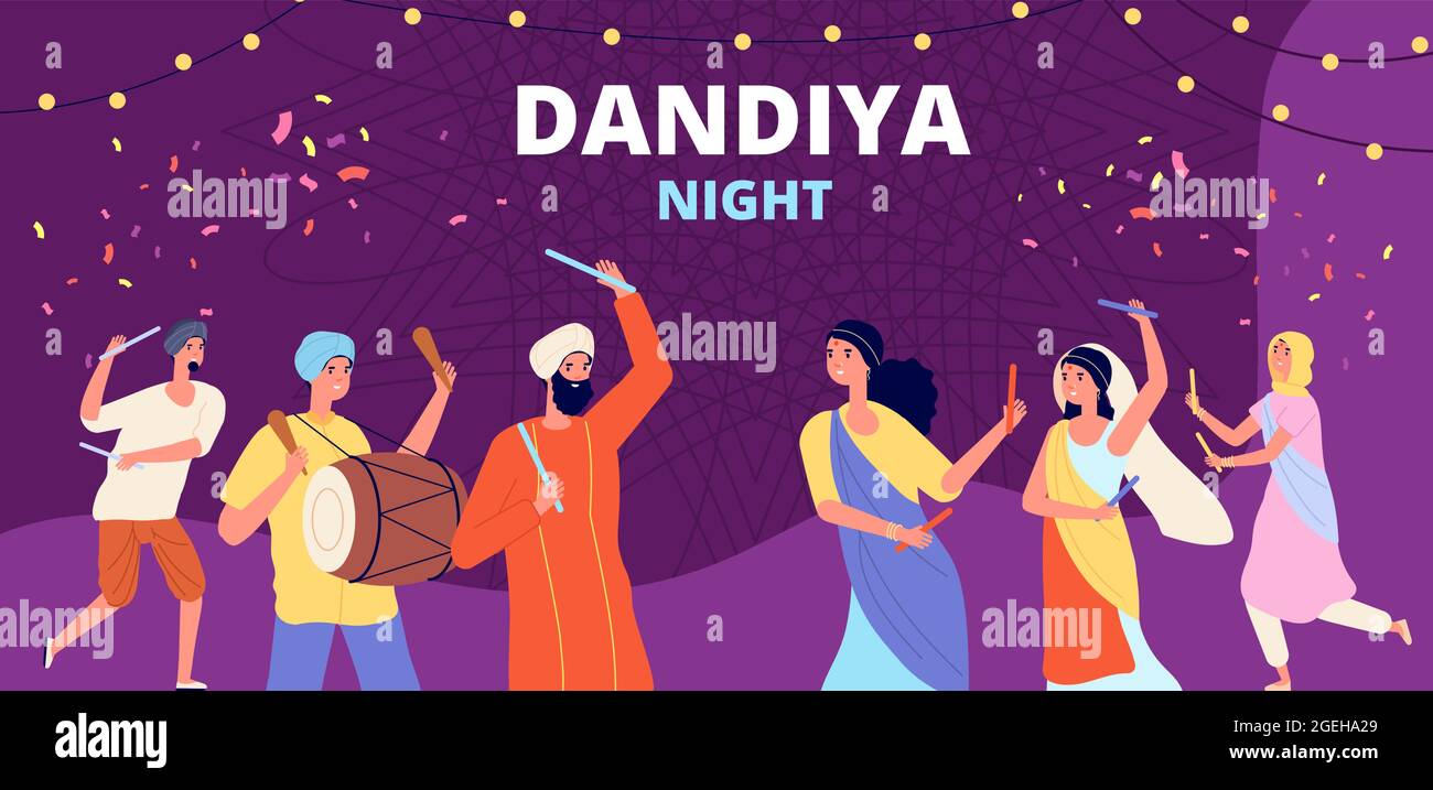 Garba dandiya night banner. Gujarat folk disco, girls boys holiday ...