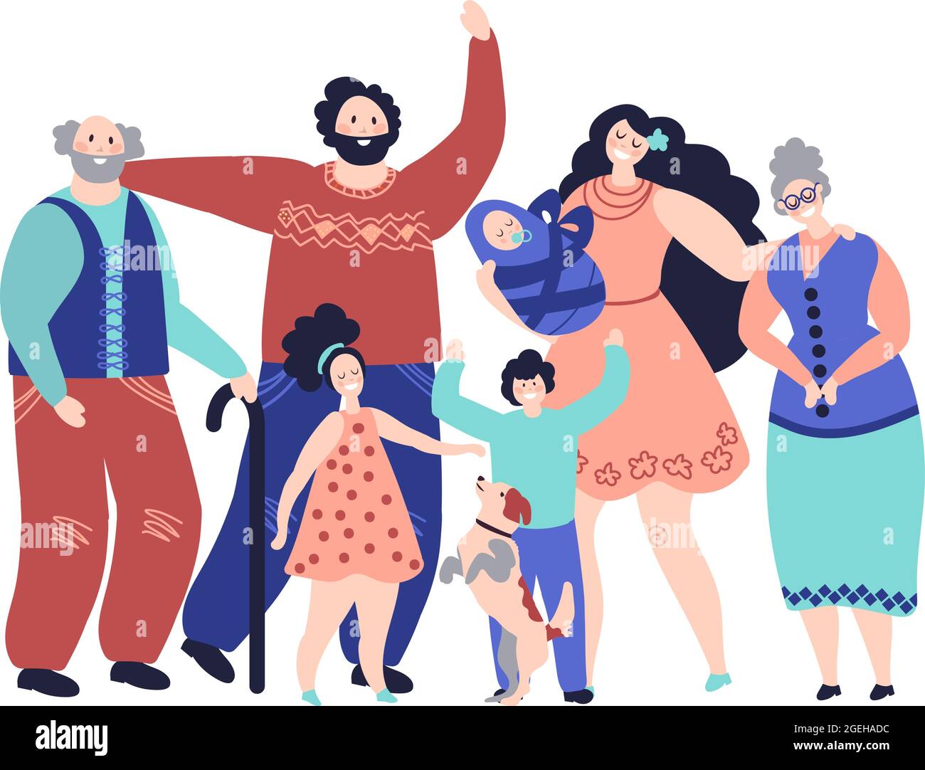 Large family. Generations, cartoon smiling parents and kids. Happy ...