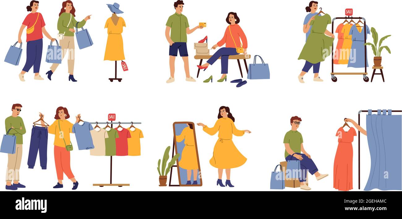 Customers in boutique. Inside fashion store, young woman buy dress ...