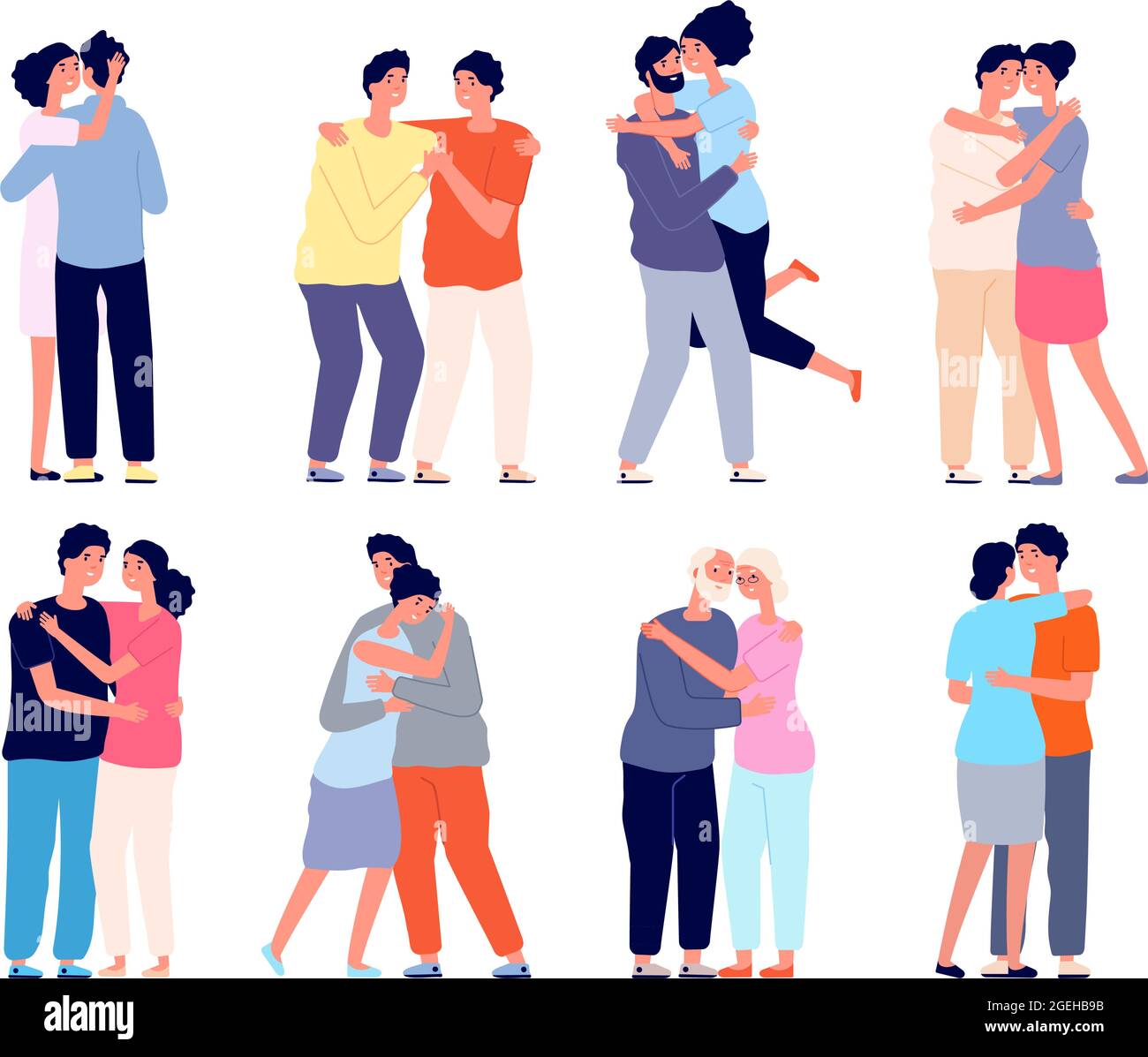 Hugging people. Embracing person, friends support each other. Couple in ...