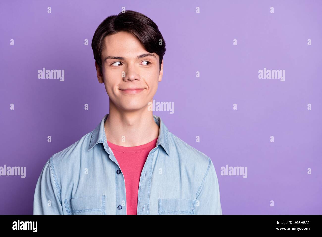 Photo of young handsome man happy positive smile curious look empty ...
