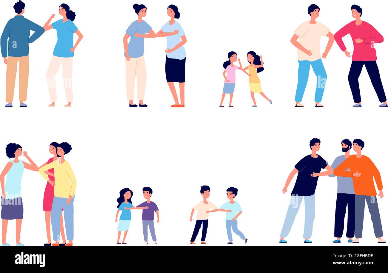 Greeting bumping elbows. Physical social distance, friends non touch ...