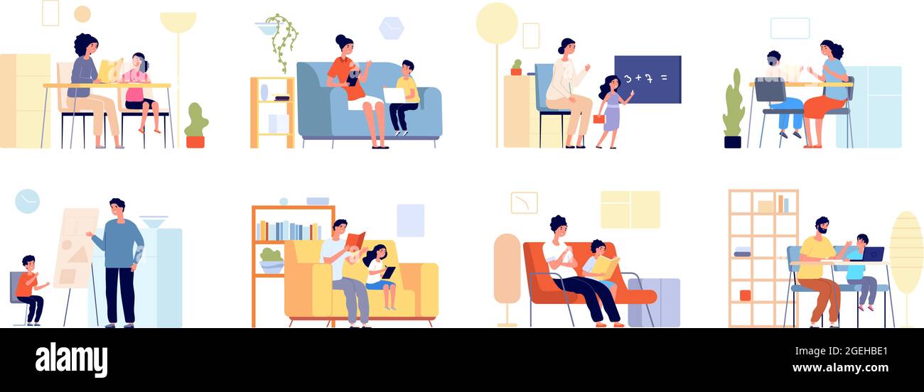 Parents children learning. Home study, mother daughter remote education ...