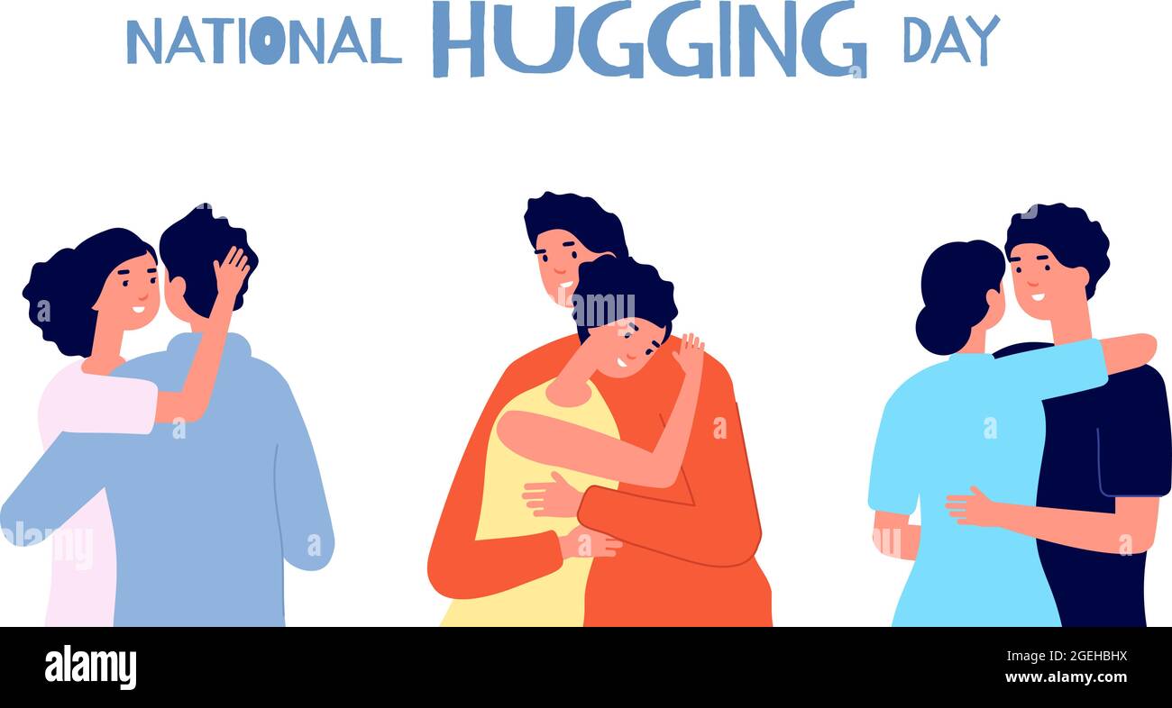 Hugging day. People friendship, young man girl together. National hug ...