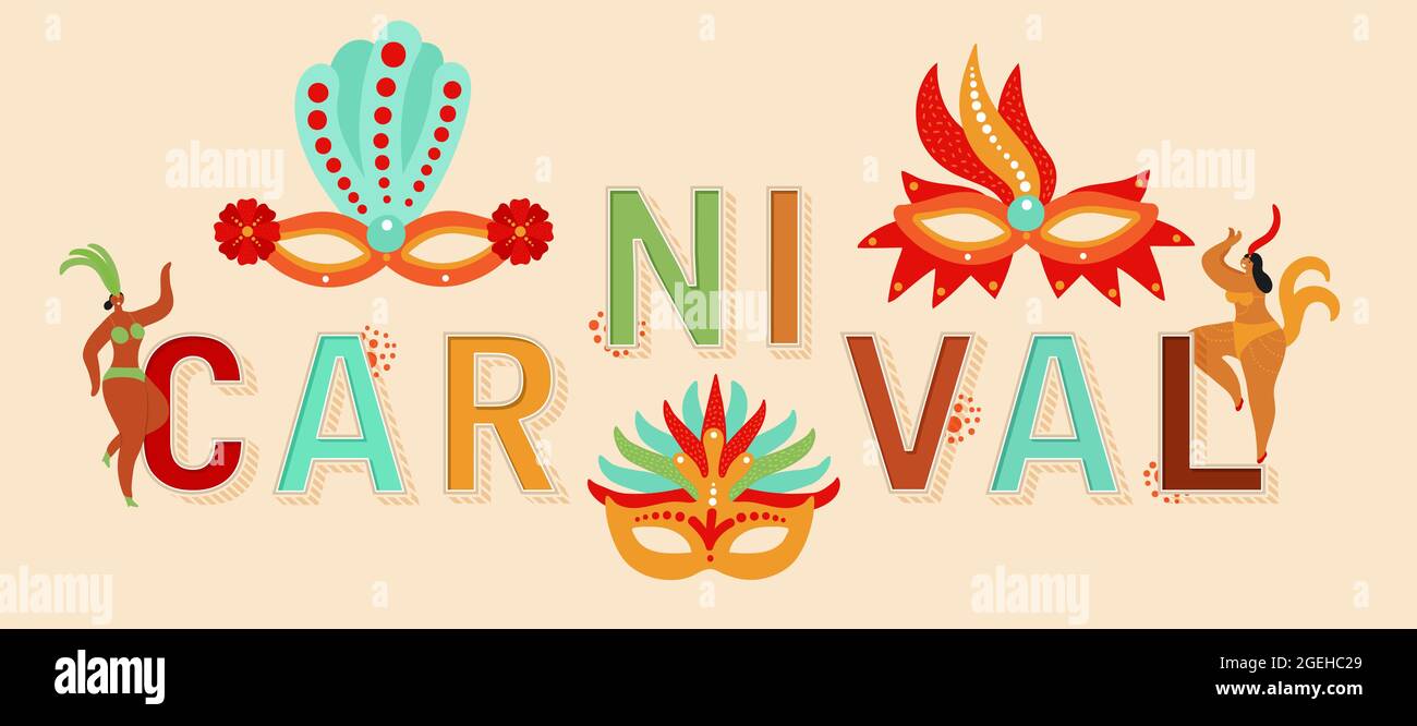 Carnival banner. Rio festival with dancers, decorative mask and retro ...