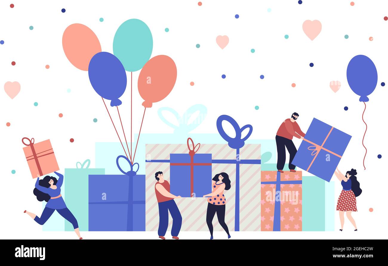 Happy people with gifts. Event smile person, funny friends confetti ...