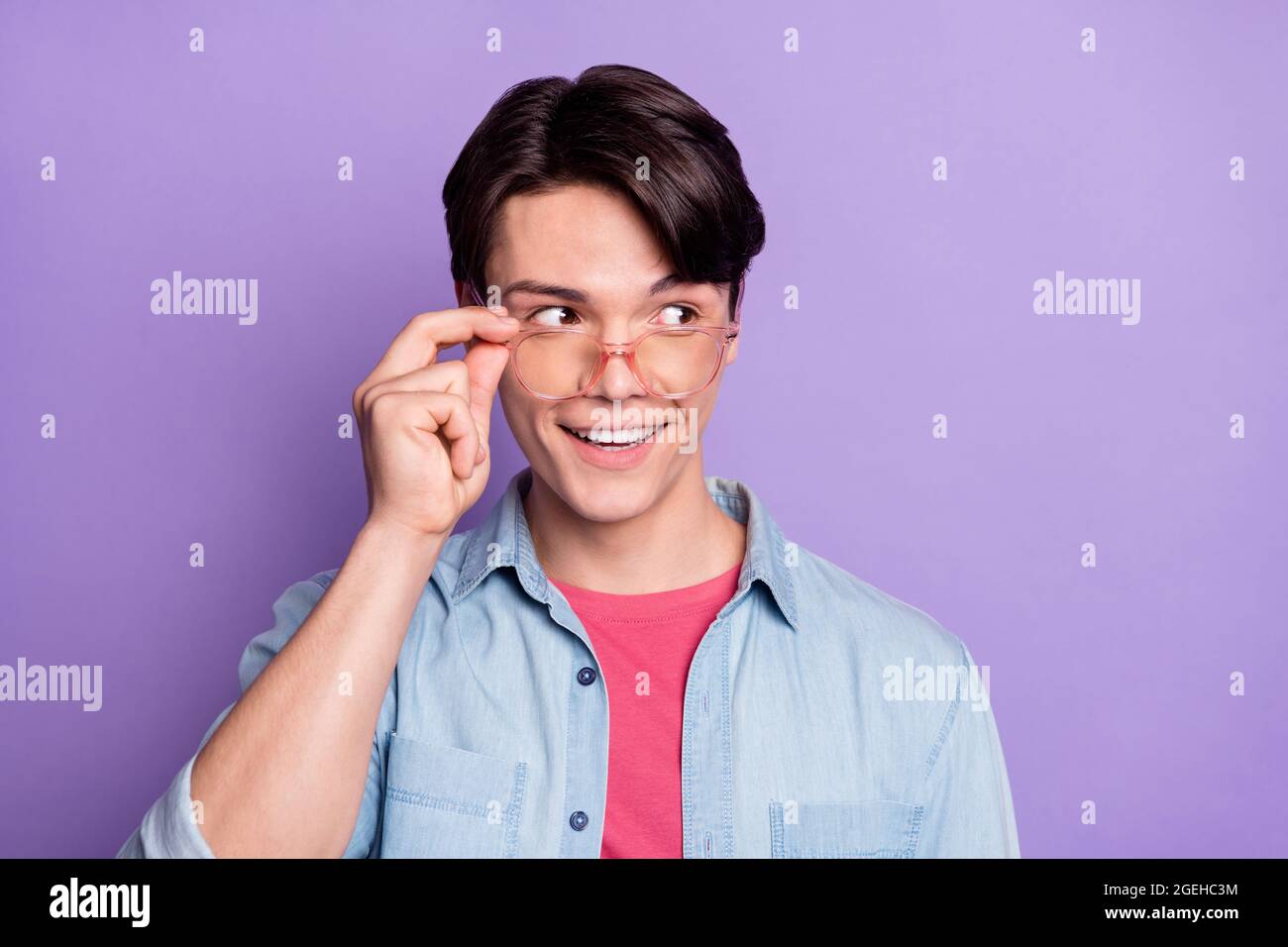 Photo of young guy happy positive smile curious look empty space ...