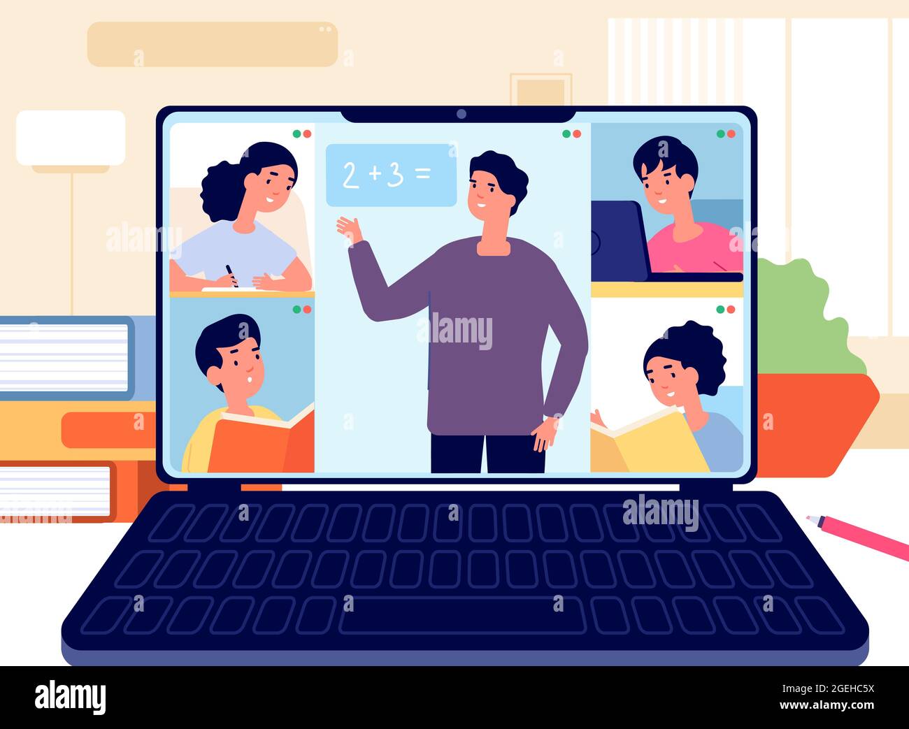 Teacher on screen. Student group, virtual school teaching on laptop ...