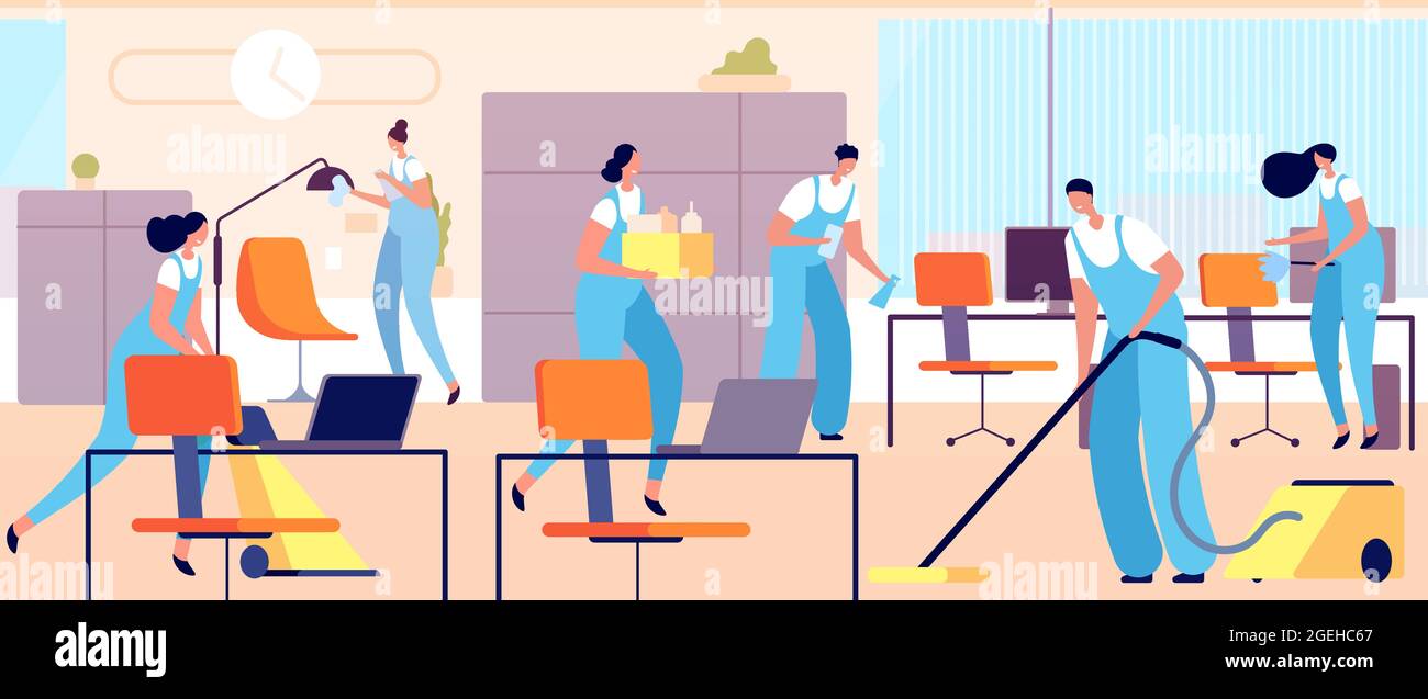 Cleaning workers in office. Cartoon woman clean, professional hygiene ...
