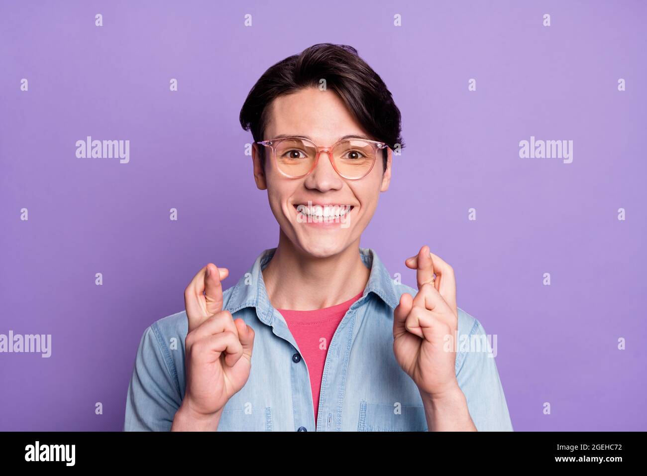 Photo of young guy happy positive smile crossed fingers luck success ...