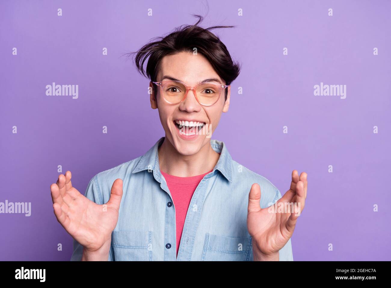 Photo of young crazy guy happy positive smile amazed shocked reaction ...
