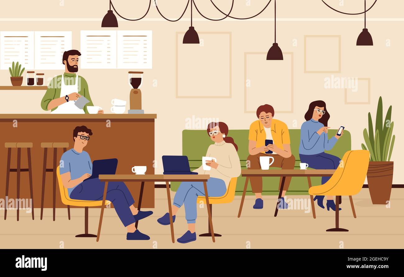 People work in cafe. Barista working, freelancer drinking coffee and ...