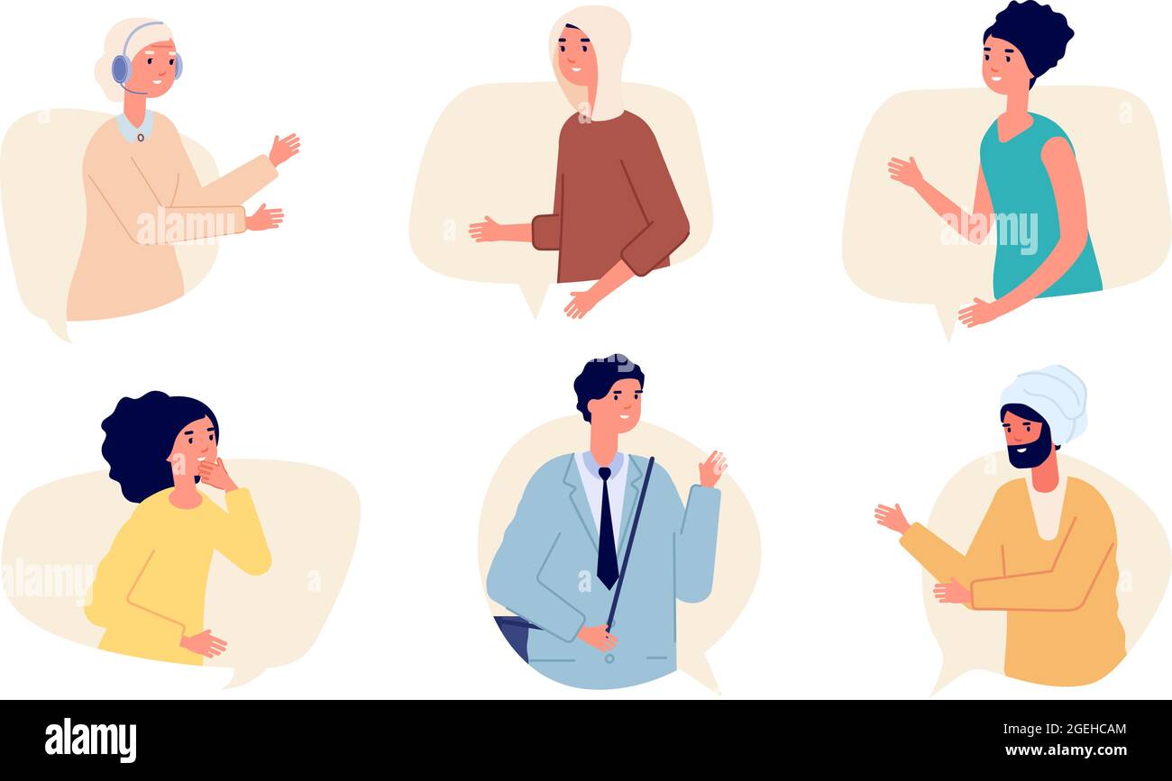 People in speech bubbles. Adult conversation, international ...